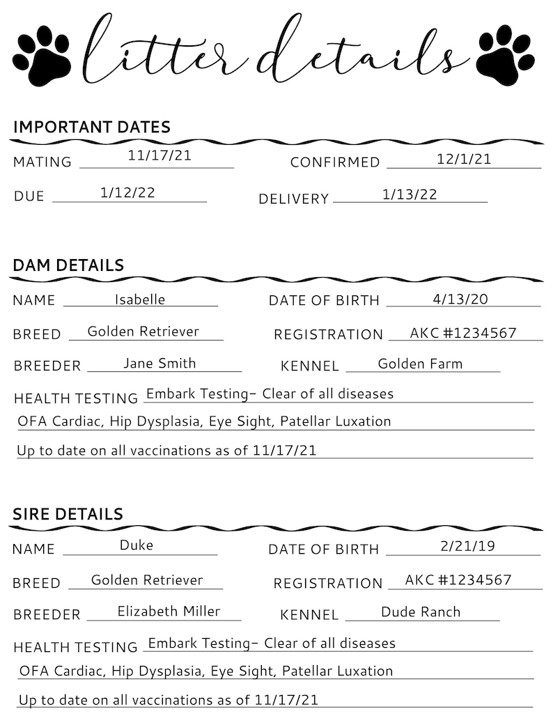 Litter Detail, Breeder Document, Instant Digital Download, Editable ...