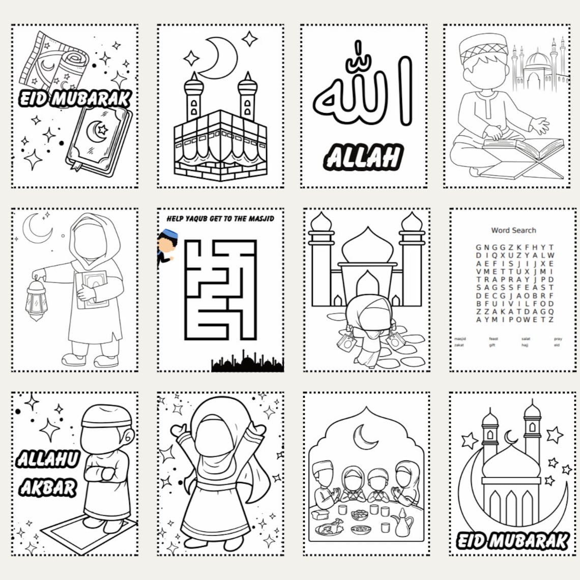 Eid Mubarak Coloring Page Set Instant Download, Kids Camp Coloring ...