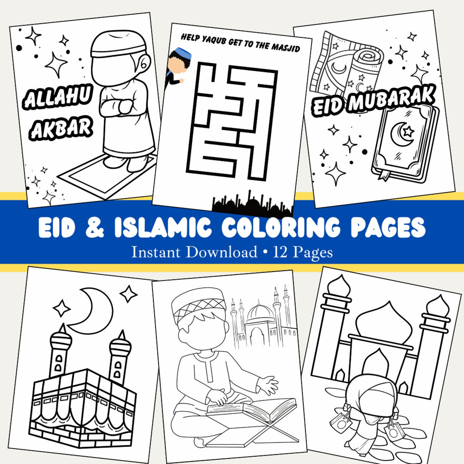 Eid Mubarak Coloring Page Set Instant Download, Kids Camp Coloring ...