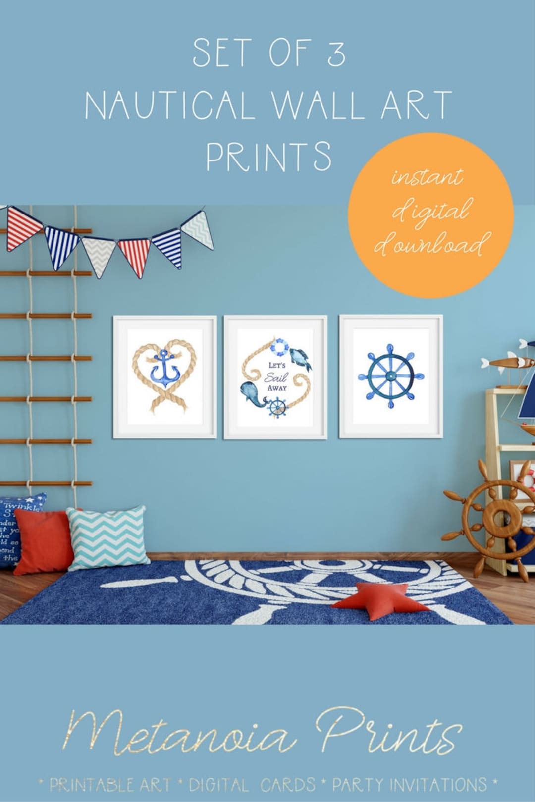 Nautical Printable Gallery Wall Art Set of 3 Downloadable Prints ...