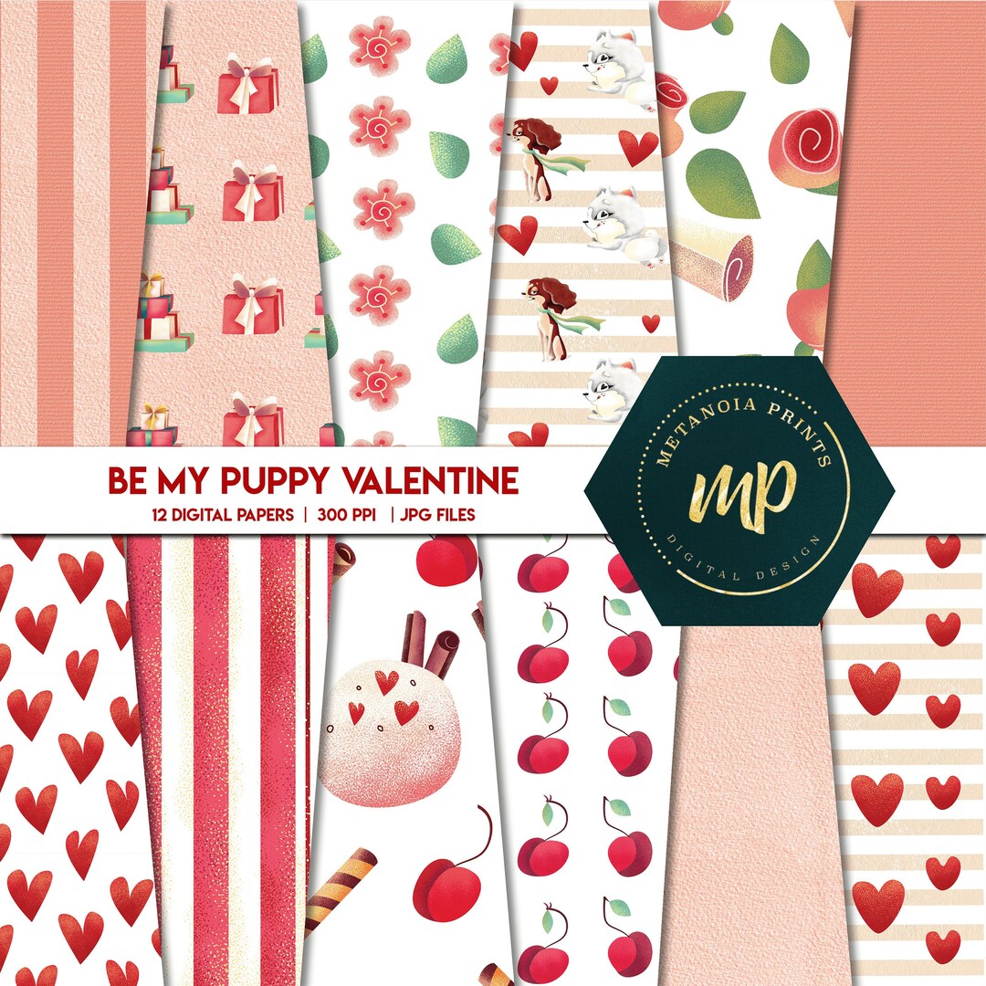 Valentines Day Digital Paper Pack | Watercolor Illustration Puppy Dog ...
