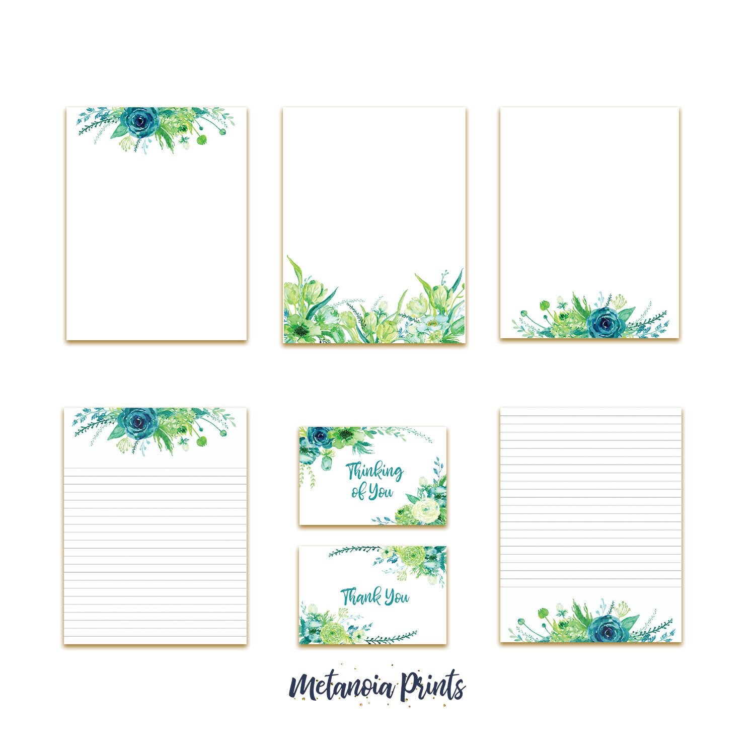 Stationery Printable Floral Note Card Set of 2 Instant Digital Download ...