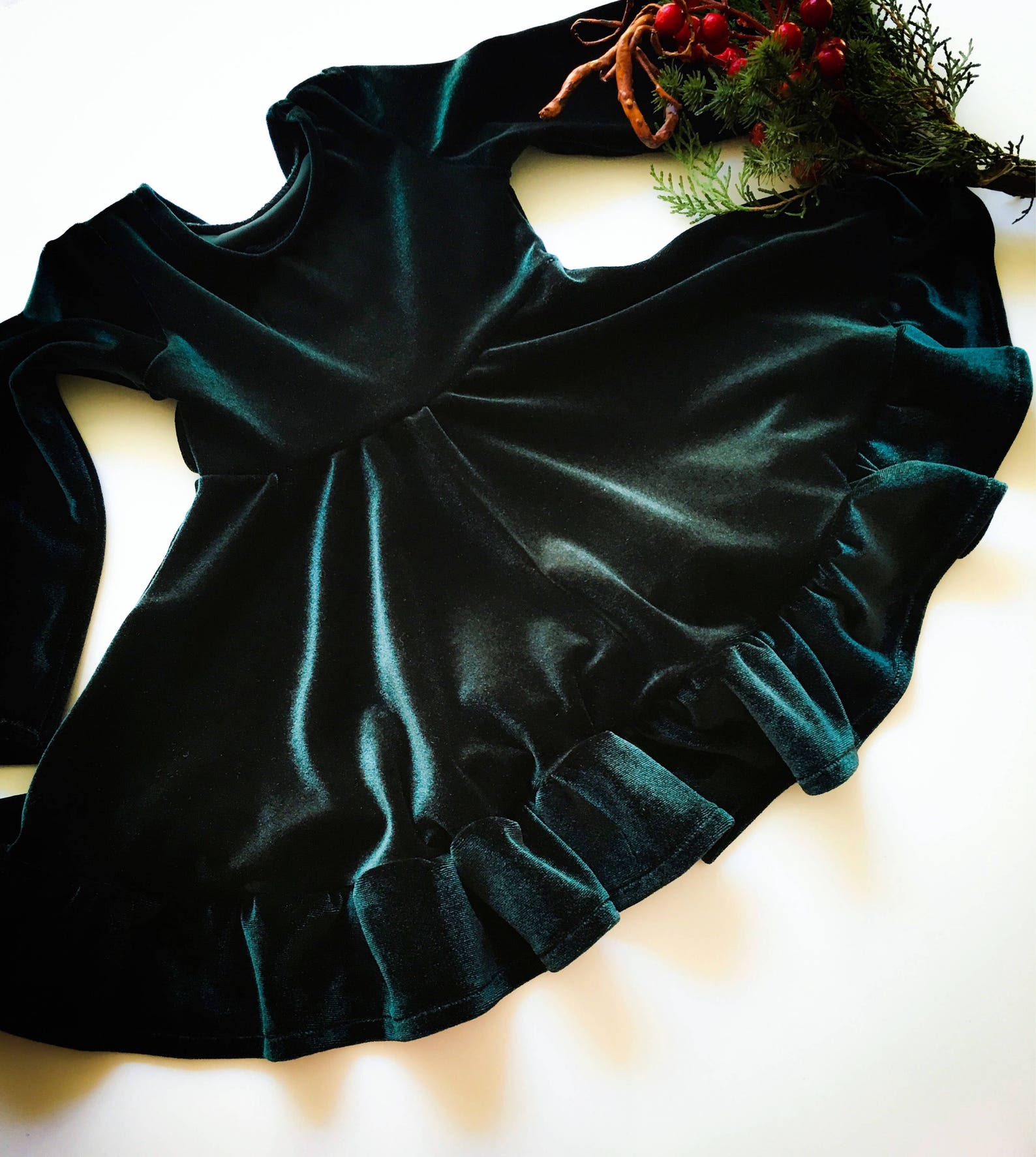 Velvet Dress, Green Girl Velvet Dress, Children Evening Gown, Flower ...
