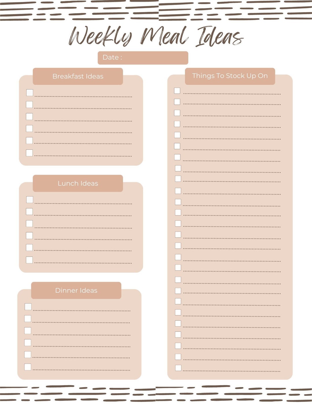 Weekly Meal Ideas/meal Planning Template With Grocery List Printable - Etsy