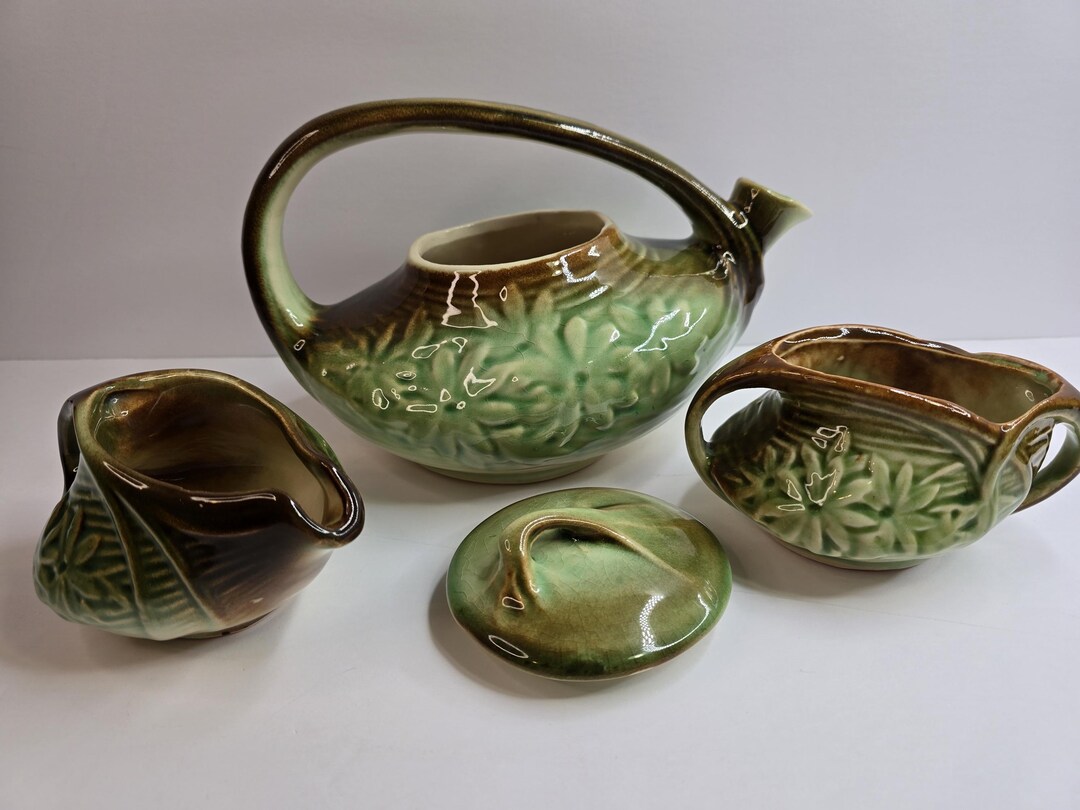 Mccoy Aladdin "daisy" Teapot With Creamer and Sugar 1940's Brown Green ...