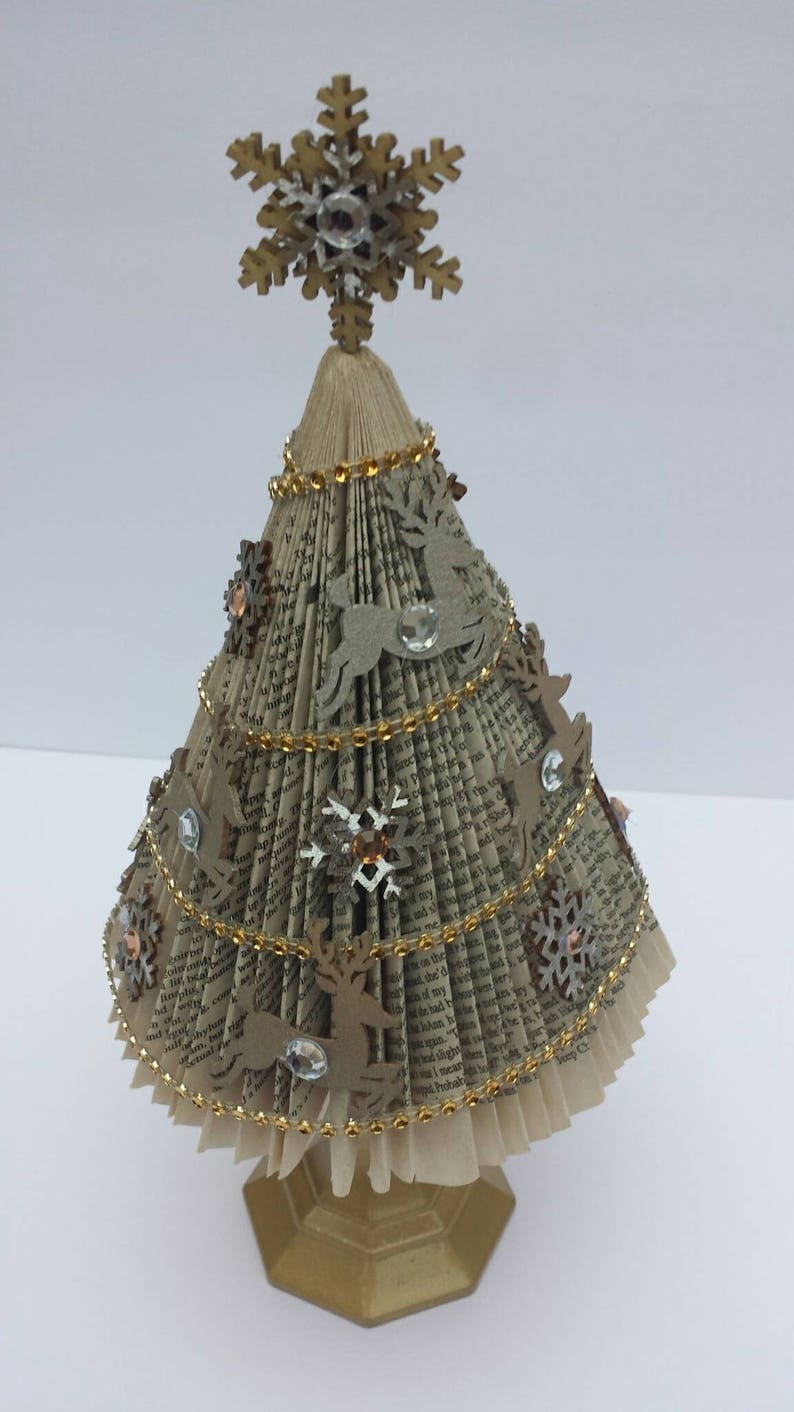 Repurposed Book Christmas Tree Deer and Snowflakes Silver | Etsy