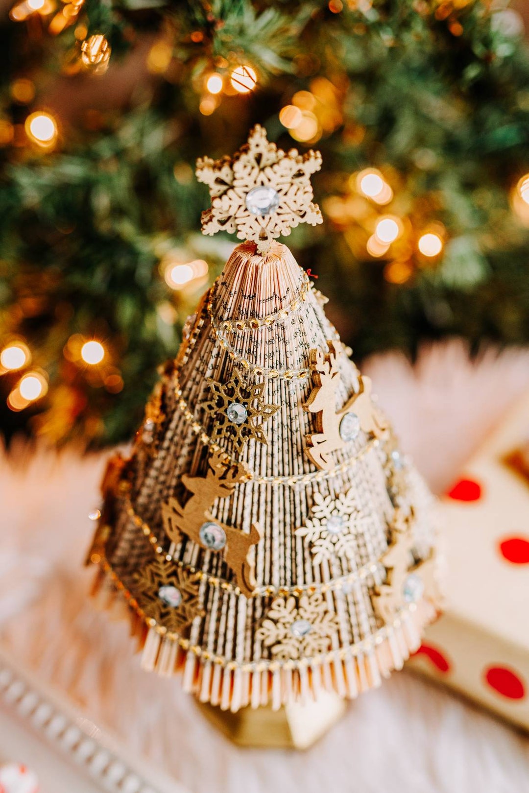 Repurposed Book Christmas Tree - Deer and Snowflakes - Silver and Gold ...