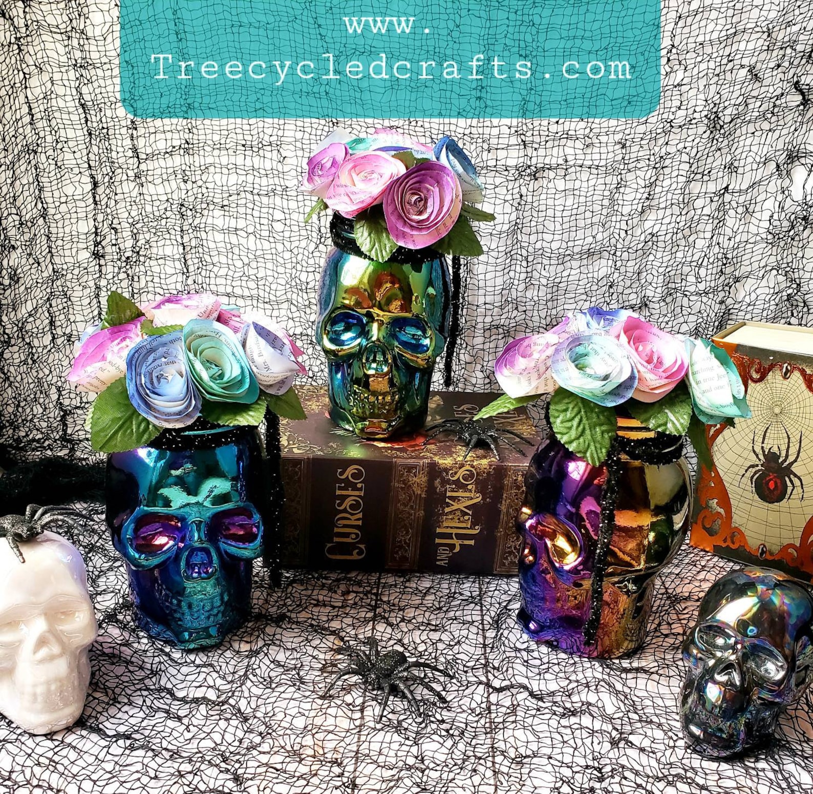 Skull Vase/skeleton/ Book Page Flowers/halloween Centerpiece/ - Etsy
