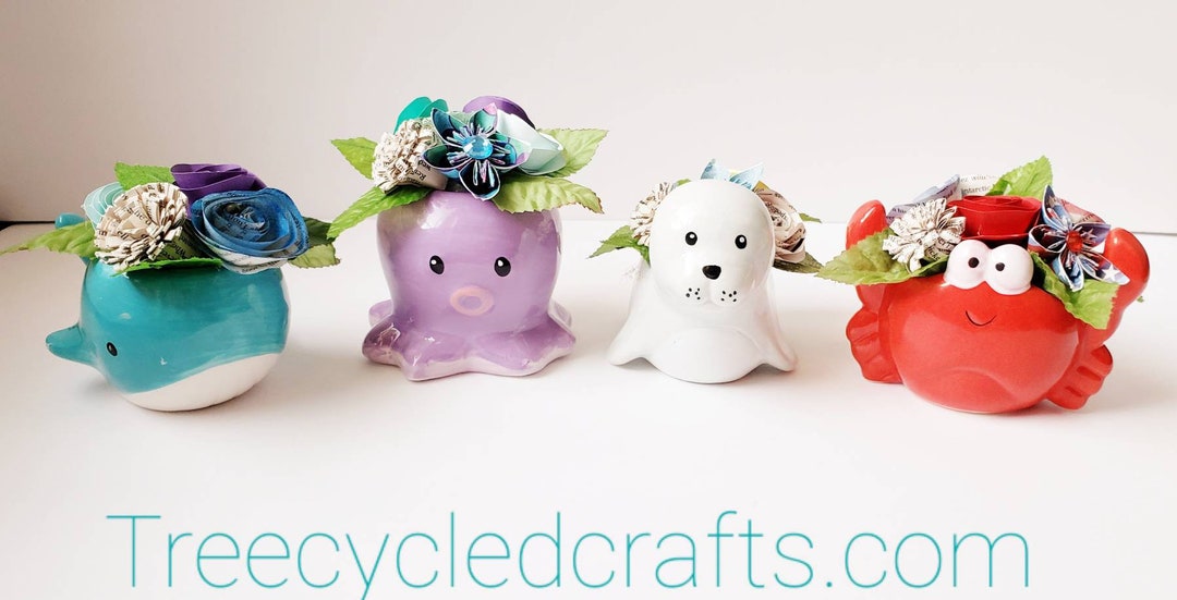 Sea Creatures, Cute Sea Animal Vases, Book Page Paper Flowers, Seal ...
