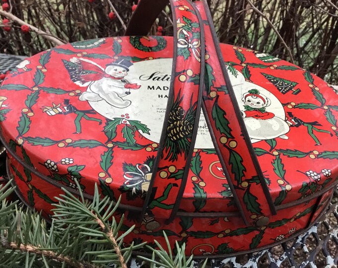 Vintage Christmas Holiday Tin Litho Candy Tin With Handles, Made by ...