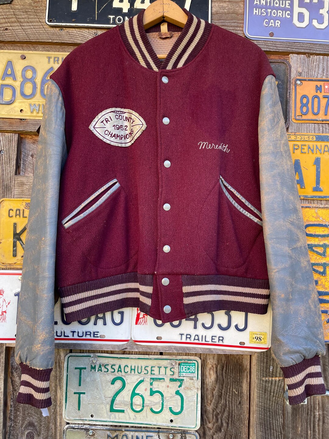Vintage 60’s Football Letterman Jacket With Distressed Leather Sleeves ...