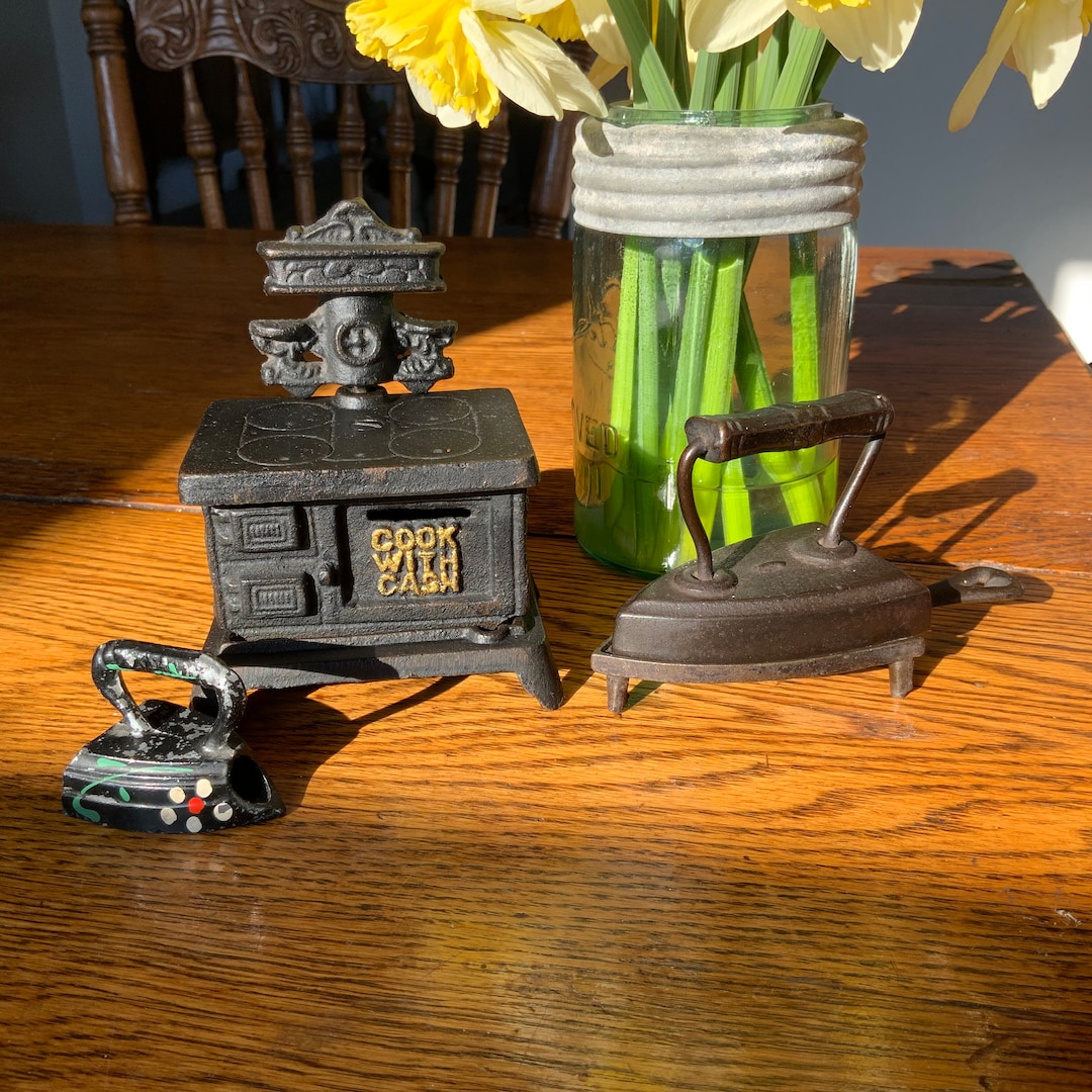 Vintage Cast Iron Toy Collection: Stove Bank & Miniature Irons - Etsy