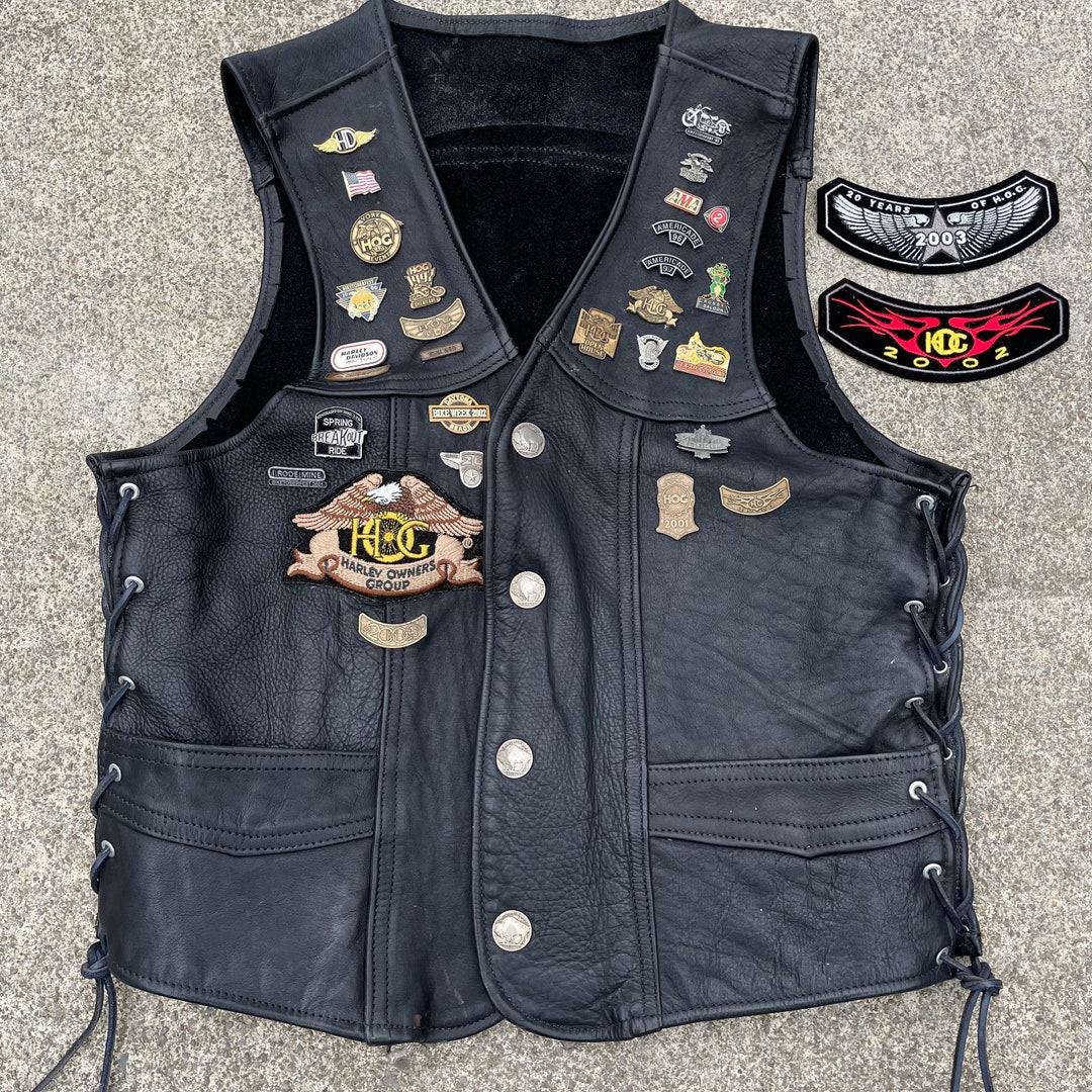Vintage Large Leather Motorcycle Vest With Harley Davidson Pins and Harley Owners Group Patches ...