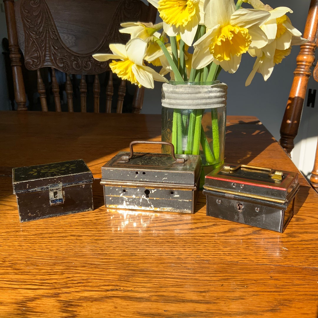 Lot of 3 Small Metal Bankers Boxes, Antique Tole Painted and Stenciled ...
