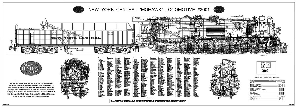 New York Central mohawk 3001 4-8-2 Steam Locomotive/tender Chart - Etsy