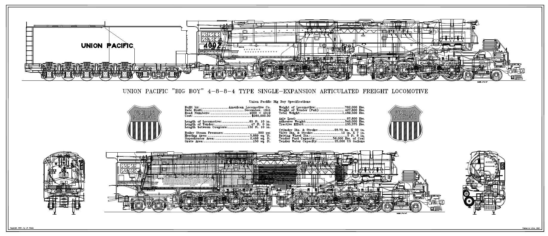 Union Pacific "big Boy" Locomotive & Tender Poster - 3 Views - Etsy