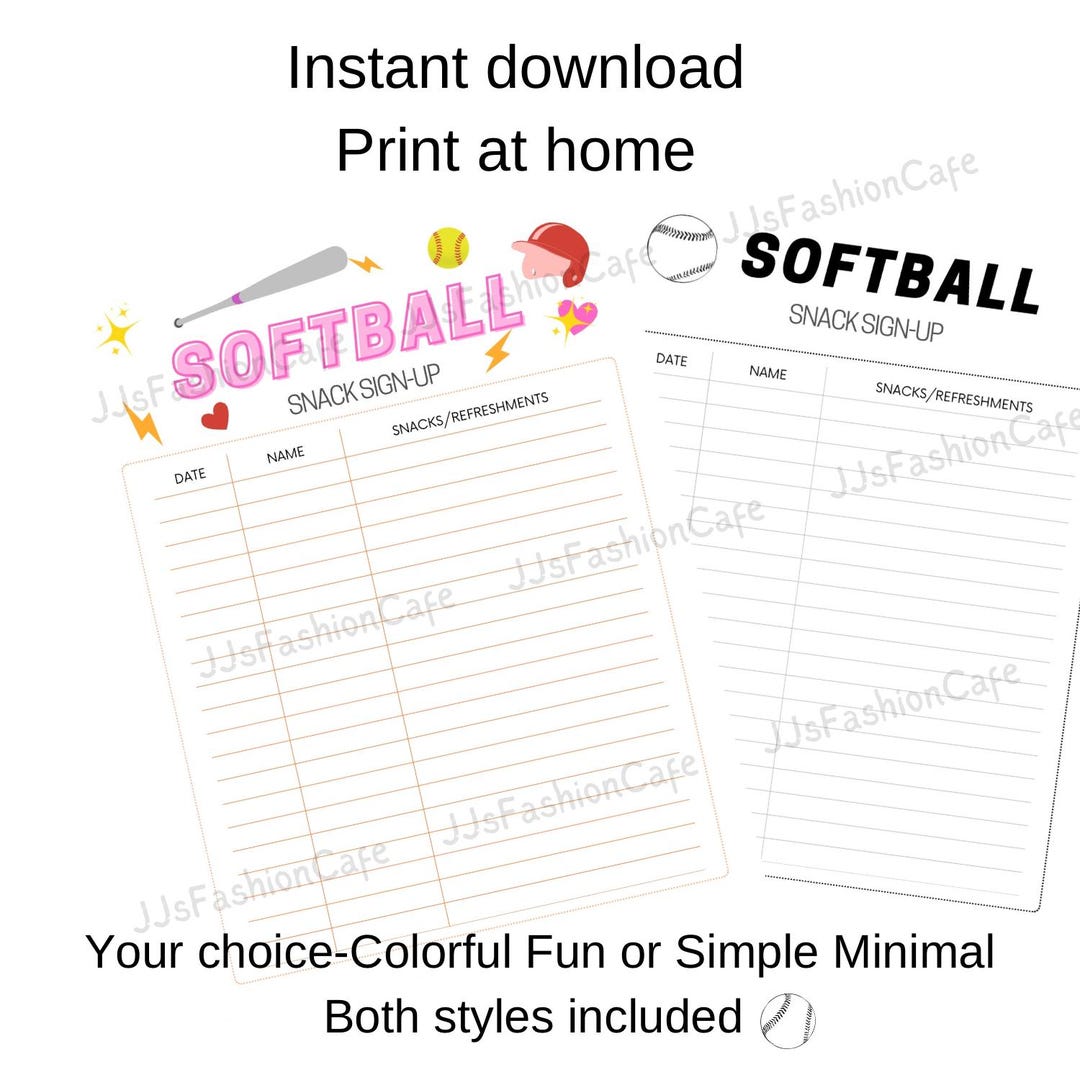 Softball Snack Schedule Printable Concession Stand Sign up Sheet Game ...