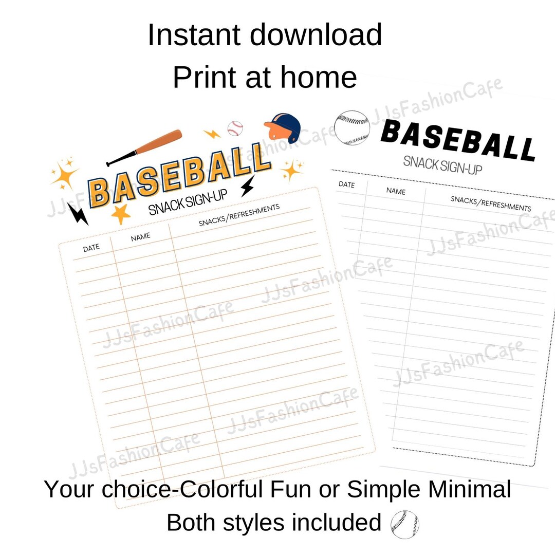 Baseball Snack Schedule Printable Concession Stand Sign up Sheet Game ...