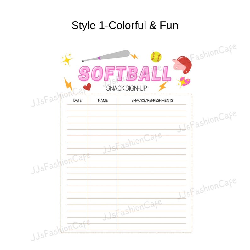 Softball Snack Schedule Printable Concession Stand Sign up Sheet Game ...