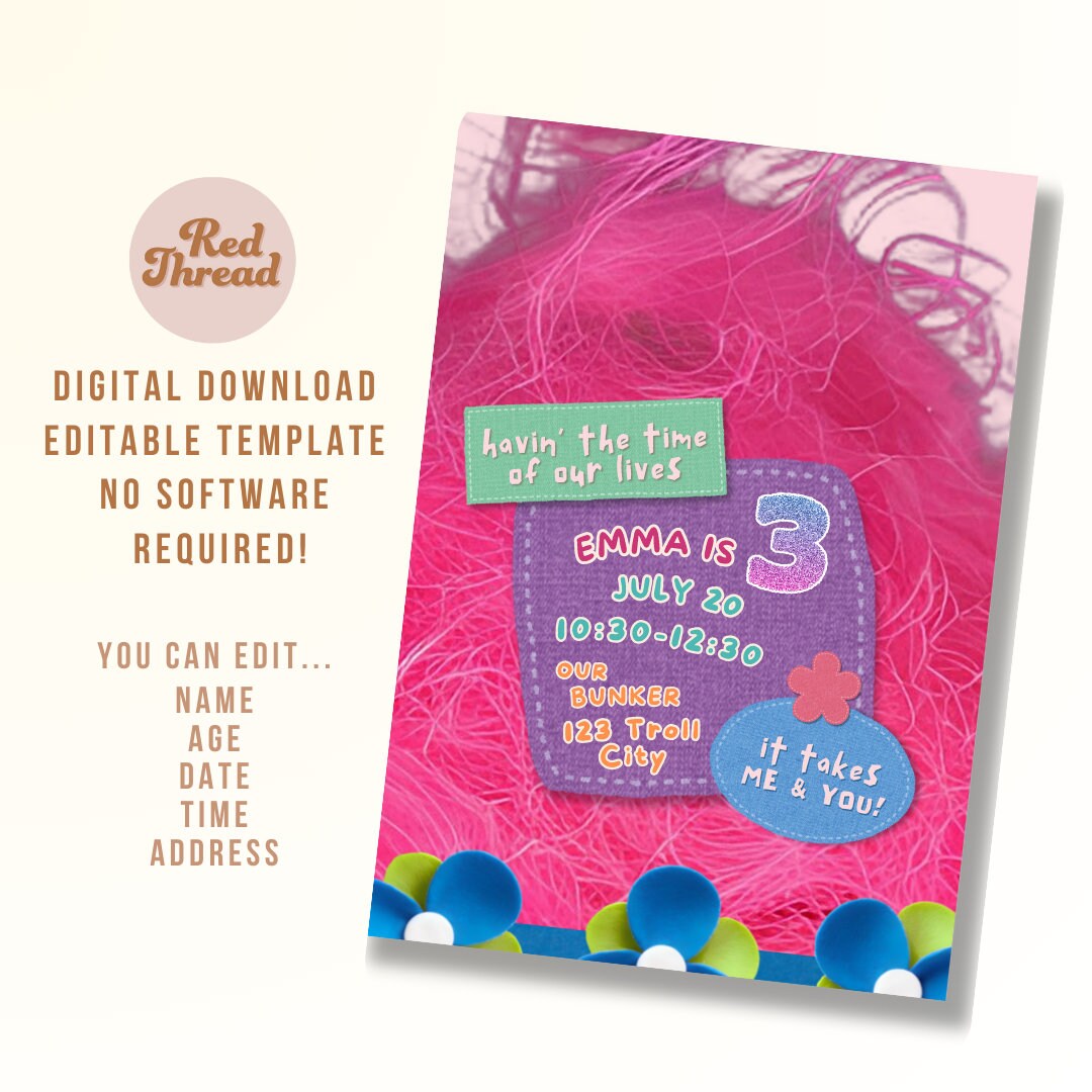 Trolls Princess Poppy Birthday Invitation: Editable Canva Template ...