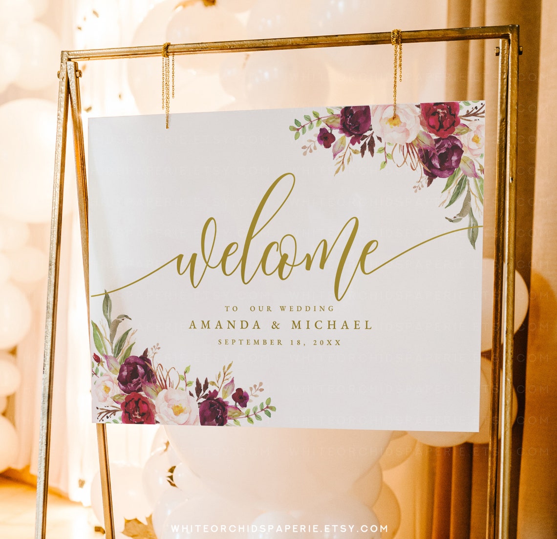 Burgundy Welcome Sign, Floral Welcome Sign, Welcome Wedding Sign ...