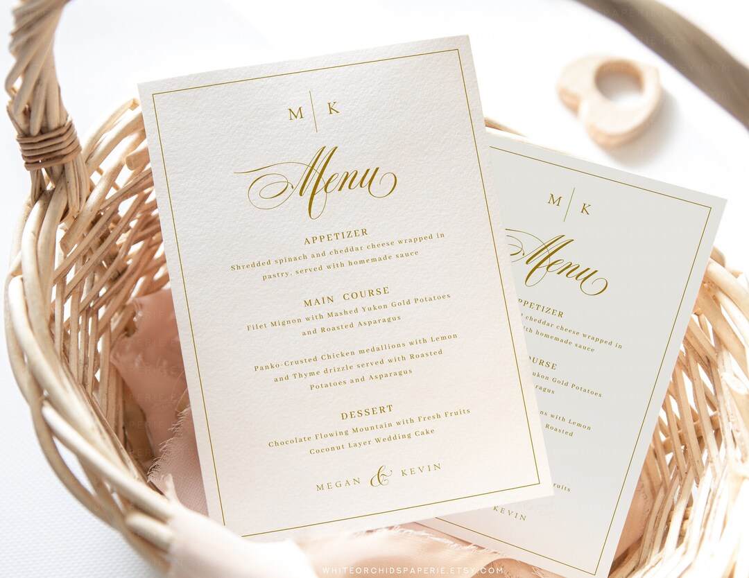 Classic Wedding Menu, Wedding Menu Template, Chic Menu Template, Gold ...
