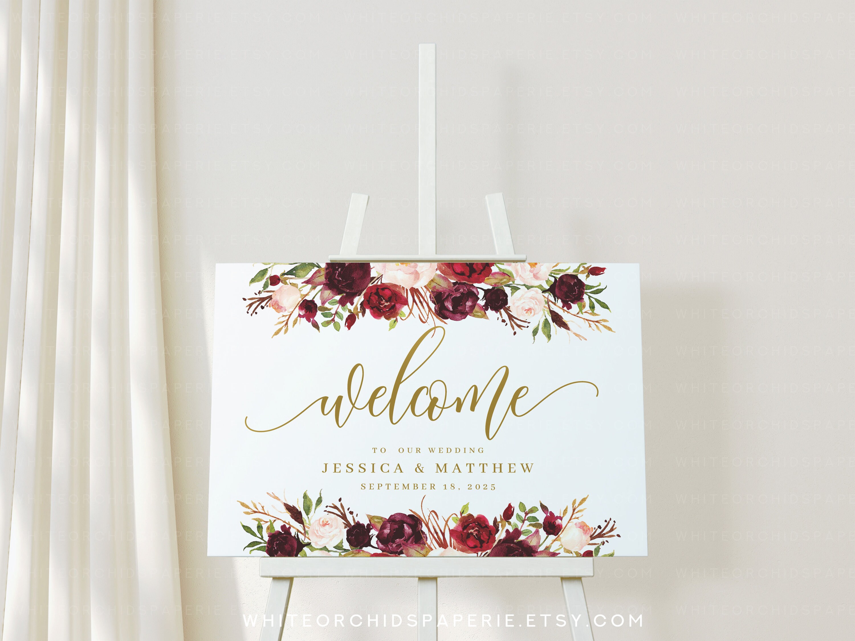 Burgundy Welcome Sign Floral Welcome Sign Welcome Wedding | Etsy