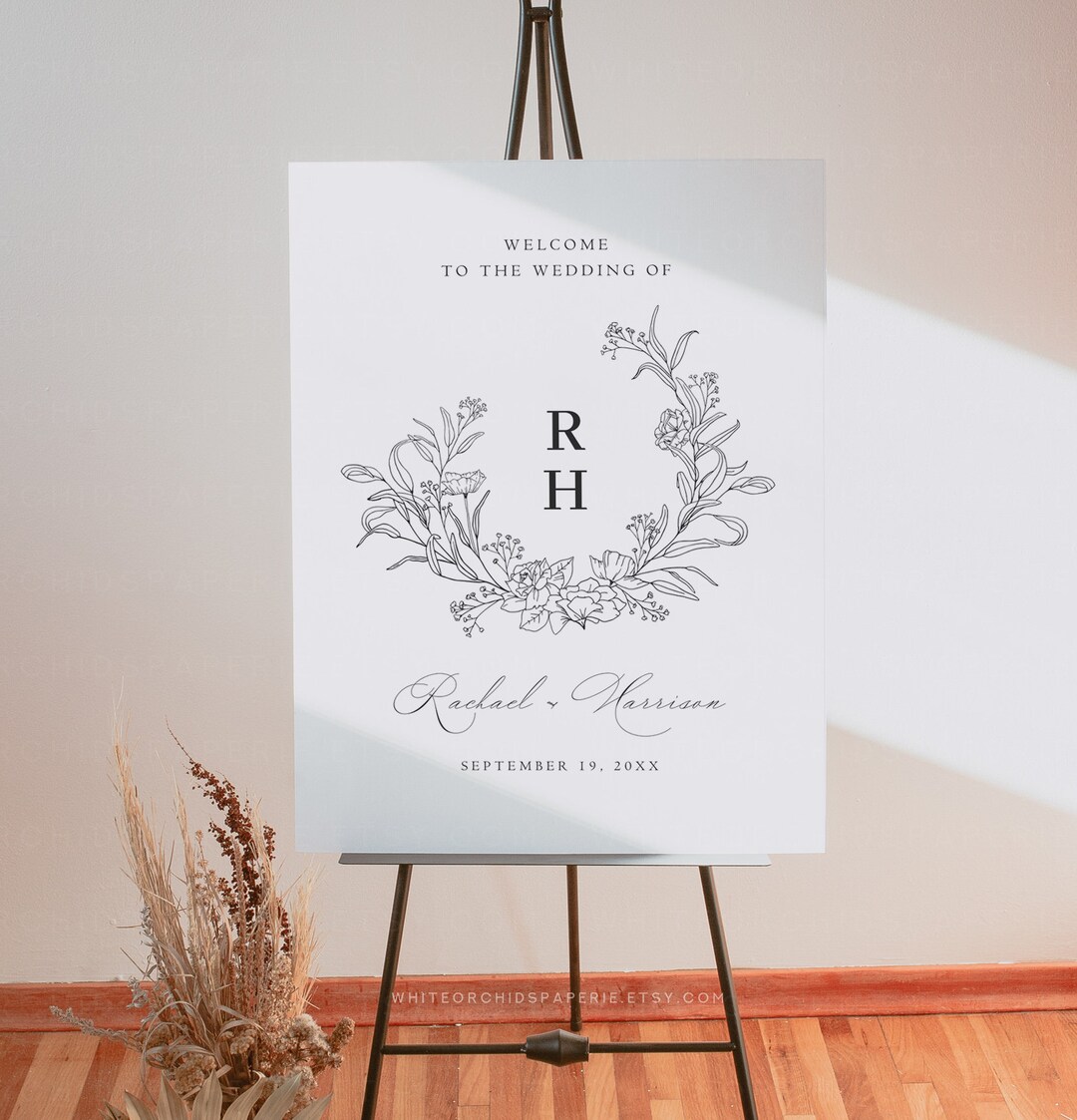 Floral Wreath Wedding Welcome Sign, Monogram Welcome Sign, Fully ...
