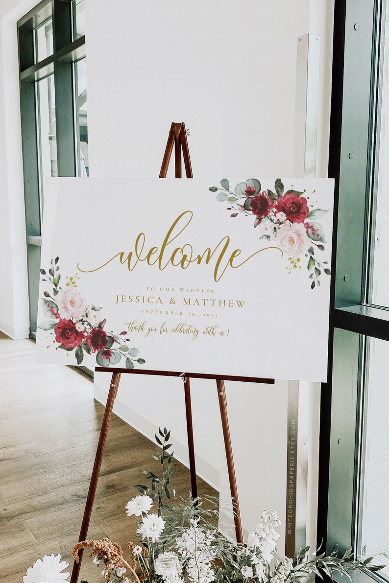 Floral Welcome Sign Burgundy Welcome Sign Welcome Wedding - Etsy