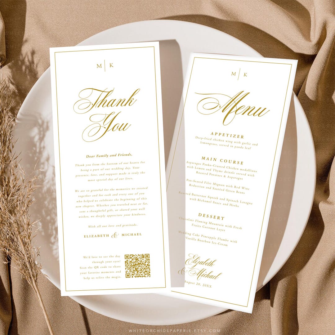 Classic Thank You Menu, Menu Thank You Card, Wedding Menu Template ...