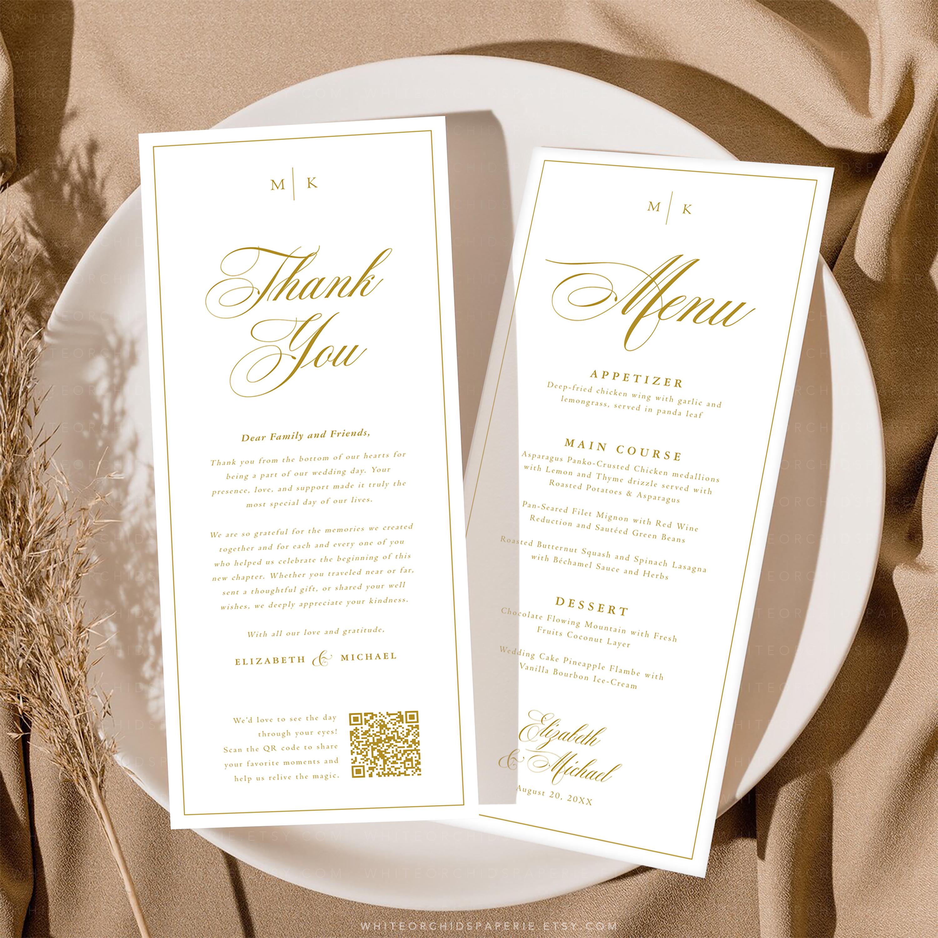 Classic Thank You Menu, Menu Thank You Card, Wedding Menu Template ...