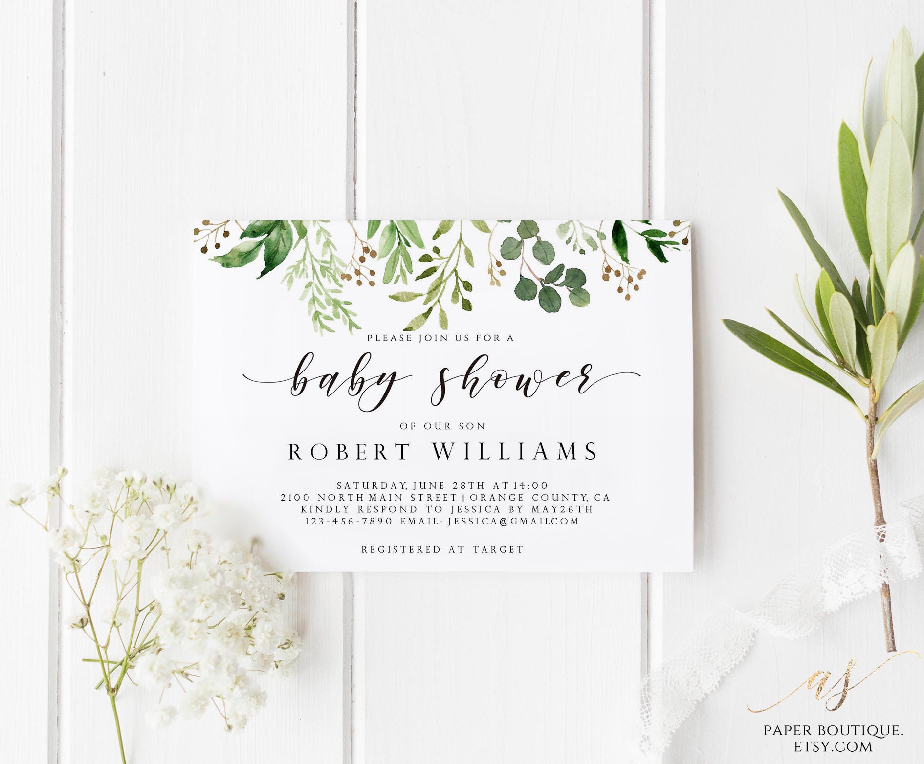 DIY Greenery Baby Shower Invitation baby boy shower invites | Etsy