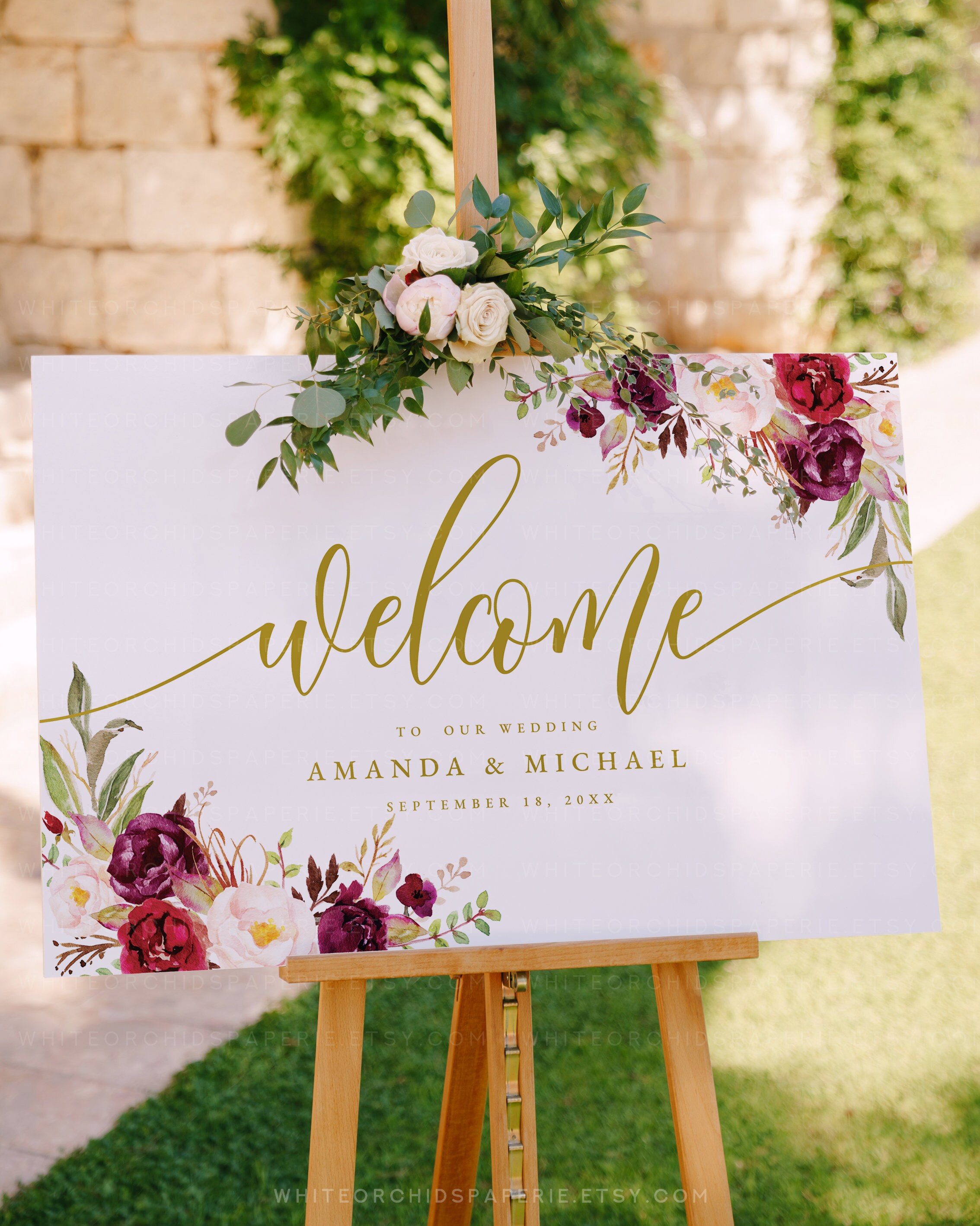 Burgundy Welcome Sign, Floral Welcome Sign, Welcome Wedding Sign ...