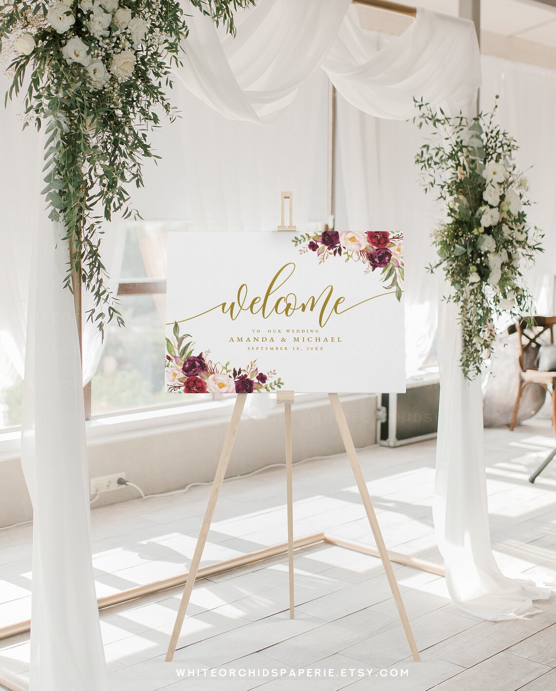 Burgundy Welcome Sign, Floral Welcome Sign, Welcome Wedding Sign ...