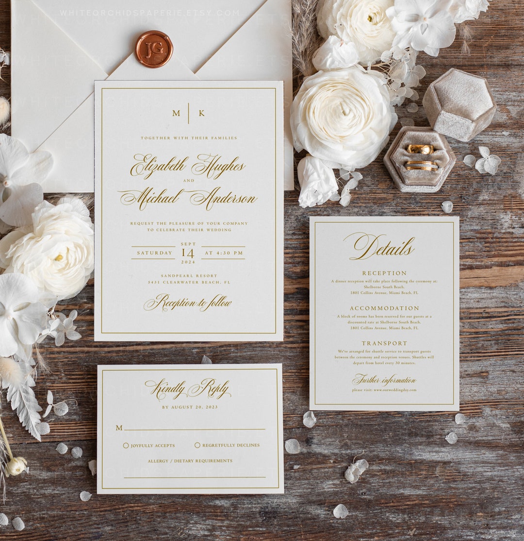 Classic Wedding Invitation Set, Gold Wedding Invitation Suite, Wedding ...