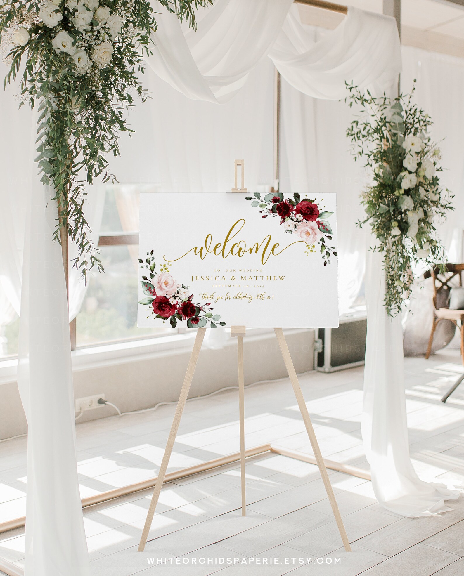 Floral Welcome Sign Burgundy Welcome Sign Welcome Wedding - Etsy