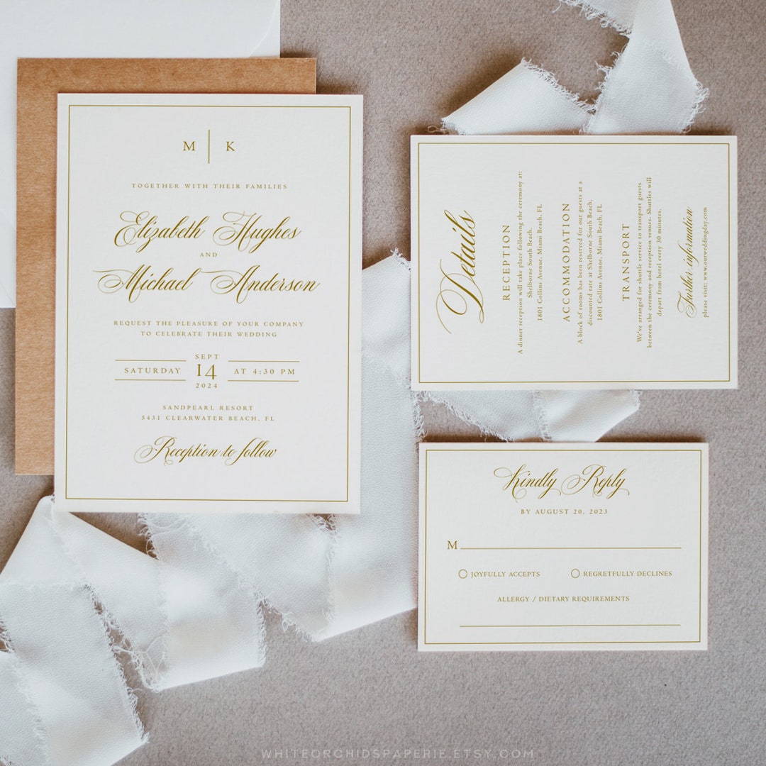 Classic Wedding Invitation Set, Gold Wedding Invitation Suite, Wedding ...