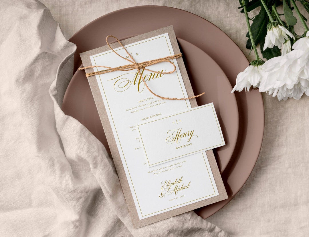 Menu and Place Card Set, Classic Wedding Menu, Gold Wedding Menu, Place ...