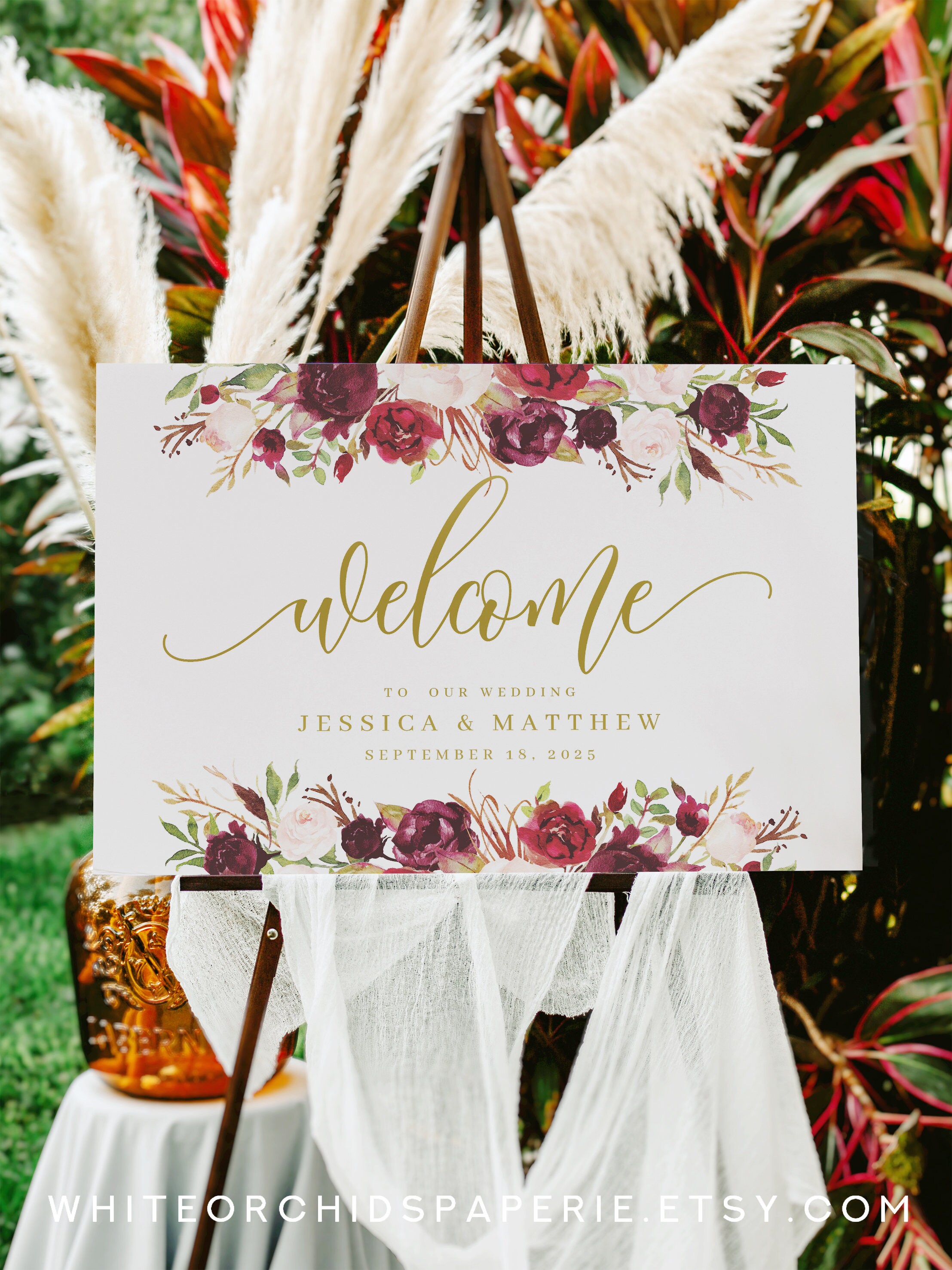 Burgundy Welcome Sign Floral Welcome Sign Welcome Wedding | Etsy