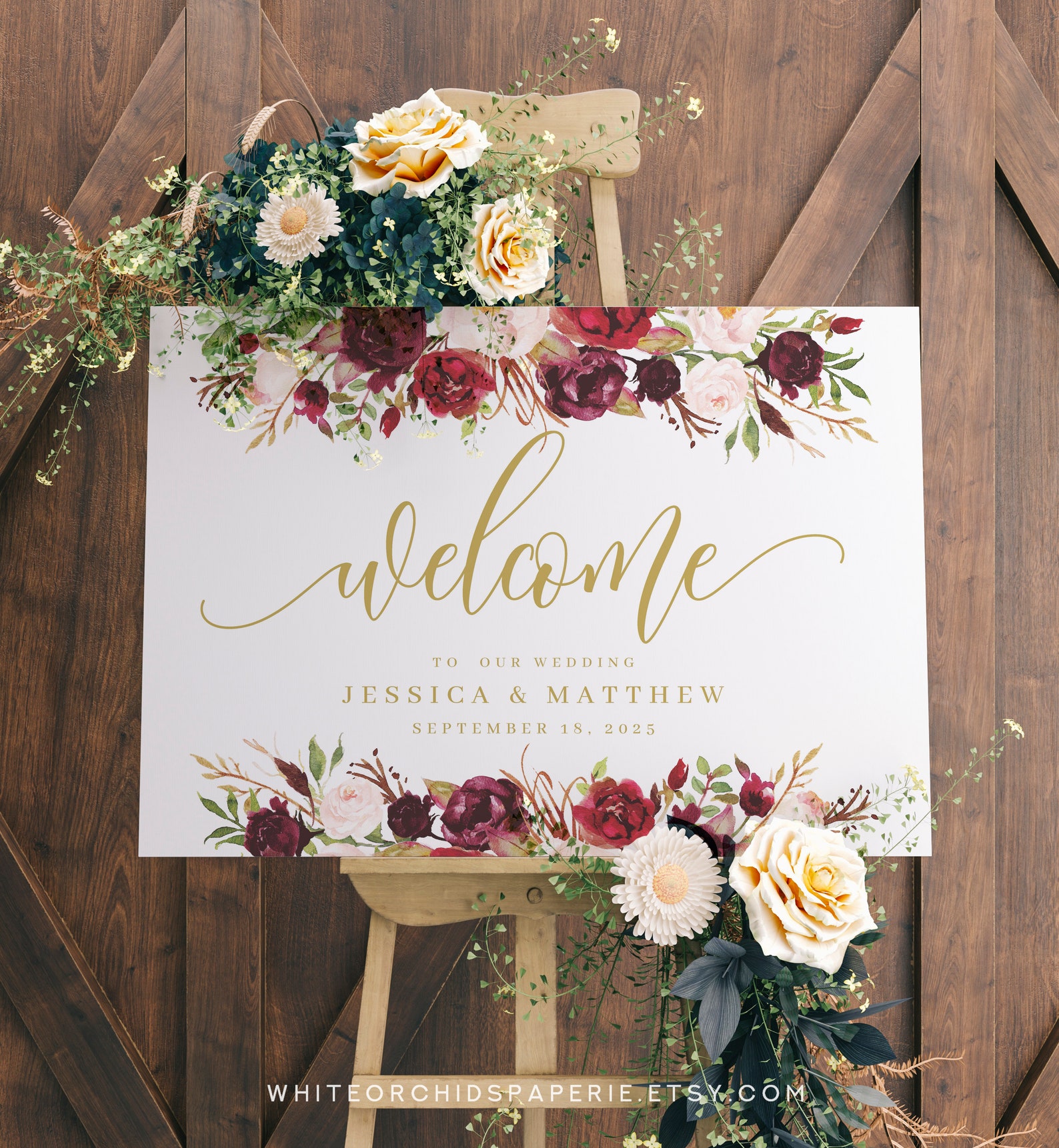 Burgundy Welcome Sign Floral Welcome Sign Welcome Wedding | Etsy