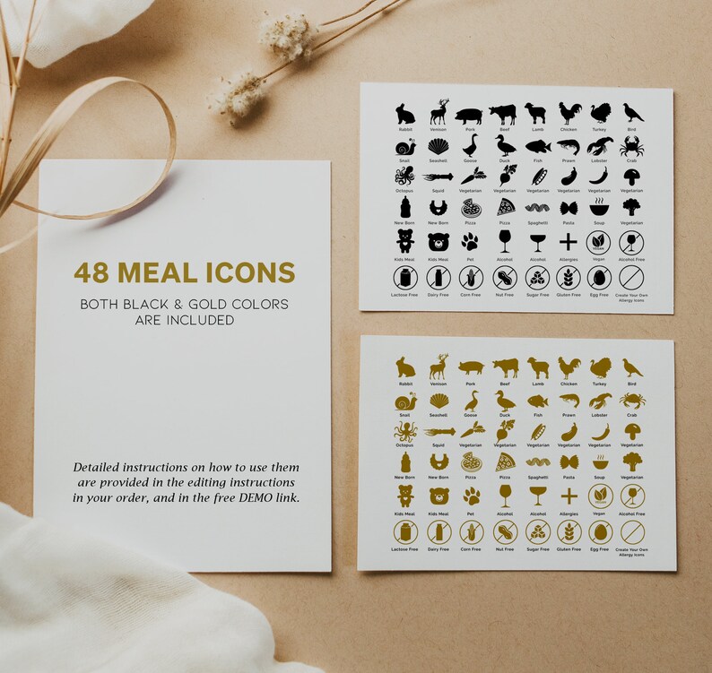 Place Cards With Meal Choice, Table Place Cards With Meal Icon, Place ...