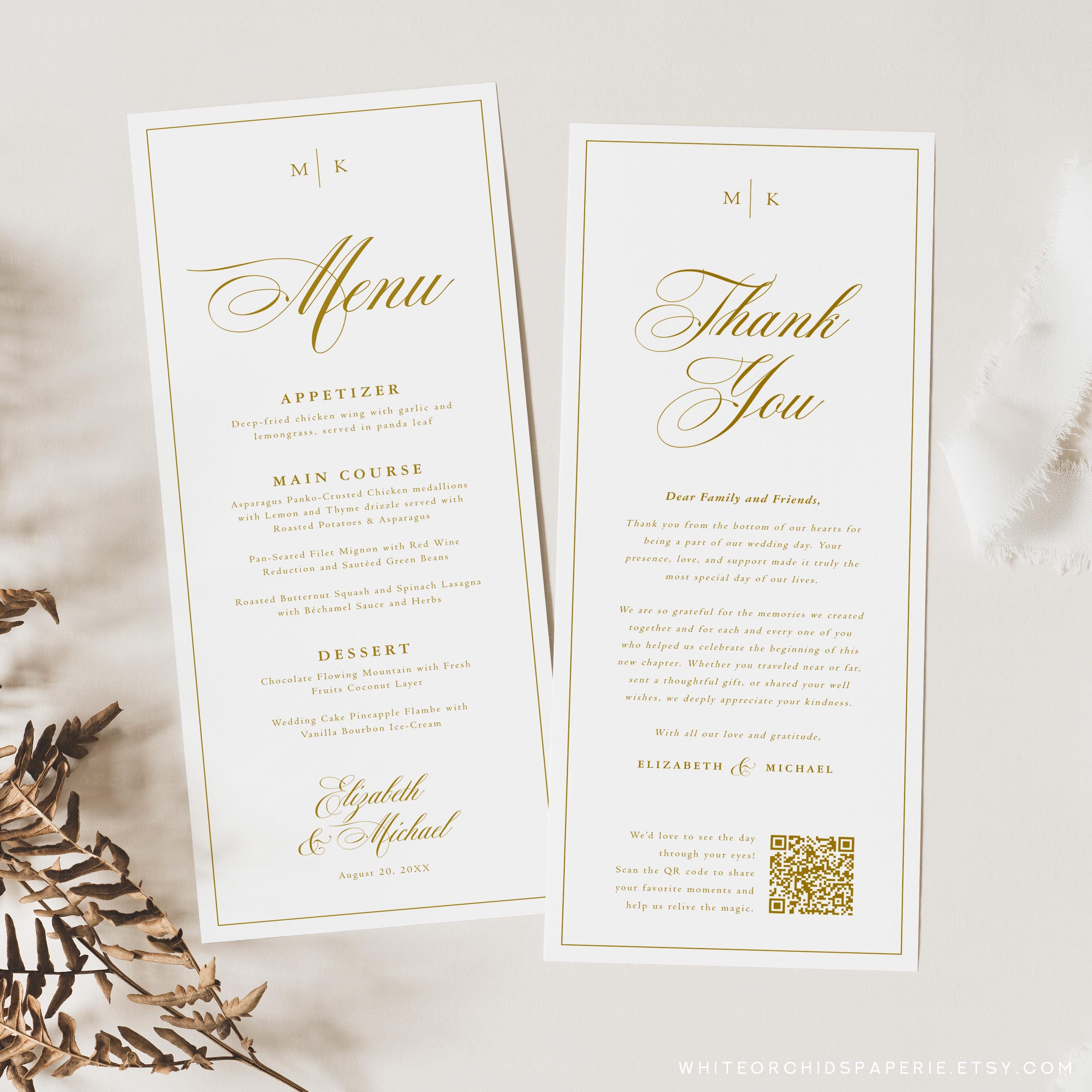 Classic Thank You Menu, Menu Thank You Card, Wedding Menu Template ...