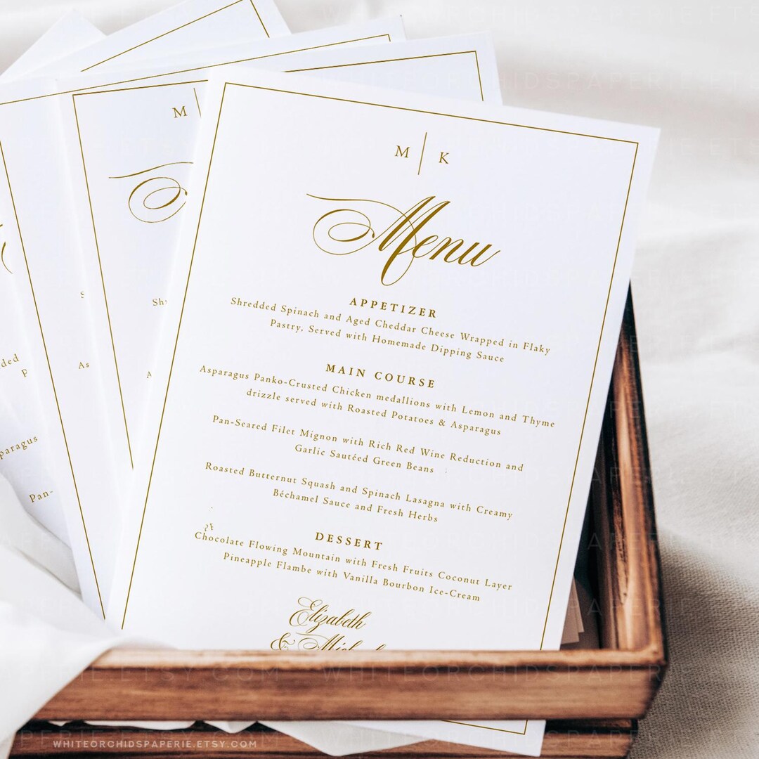 Classic Wedding Menu, Wedding Menu Template, Chic Menu Template, Gold ...