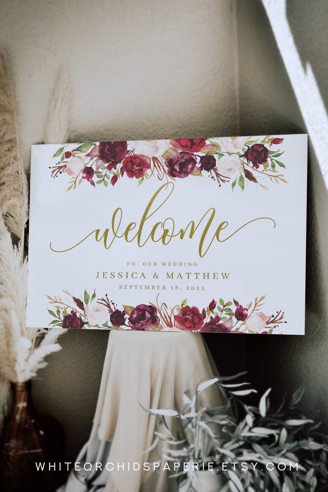 Burgundy Welcome Sign Floral Welcome Sign Welcome Wedding | Etsy