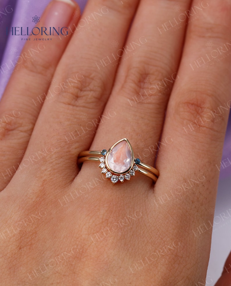 Rose quartz engagement ring Rose gold Diamond wedding band | Etsy