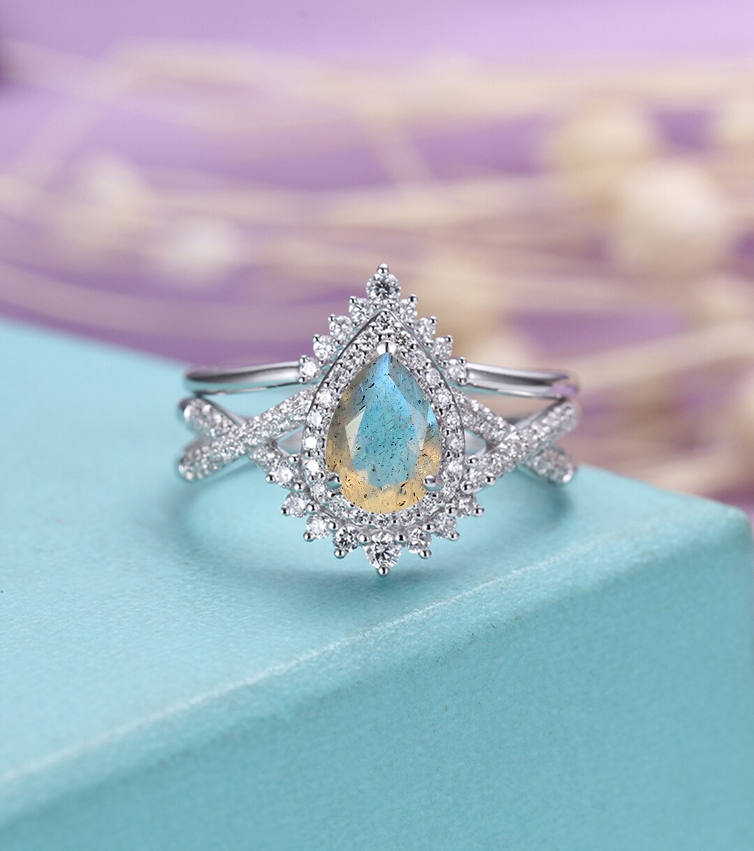 Vintage Labradorite Engagement Ring Set White Gold Wedding Ring Unique ...