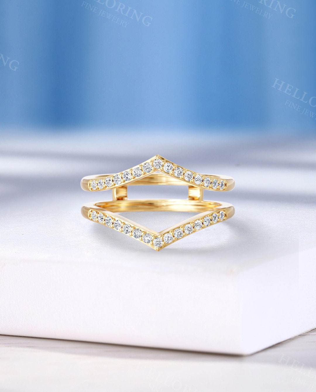 Unique Moissanite Enhancer Wedding Band, 14K Solid Gold Ring, Double ...