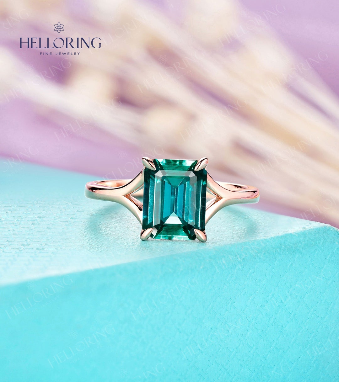 Unique Emerald Cut Lab Emerald Engagement Ring Vintage Rose Gold ...