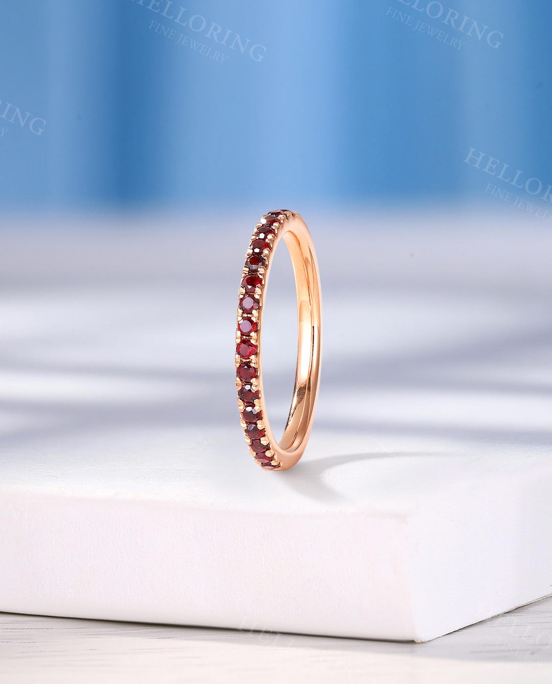 Vintage Simple Garnet Wedding Band, Half Eternity Ring, Yellow Gold ...