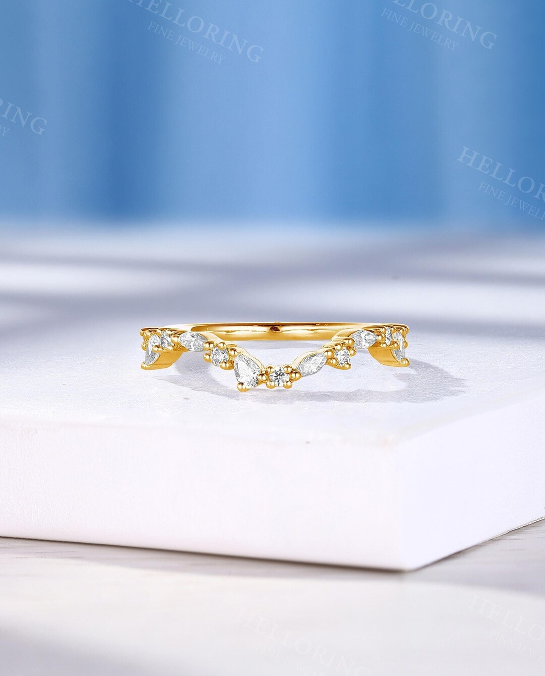 Moissanite Floral Vine Ring, 18K Gold Curved Wedding Band, Stackable ...